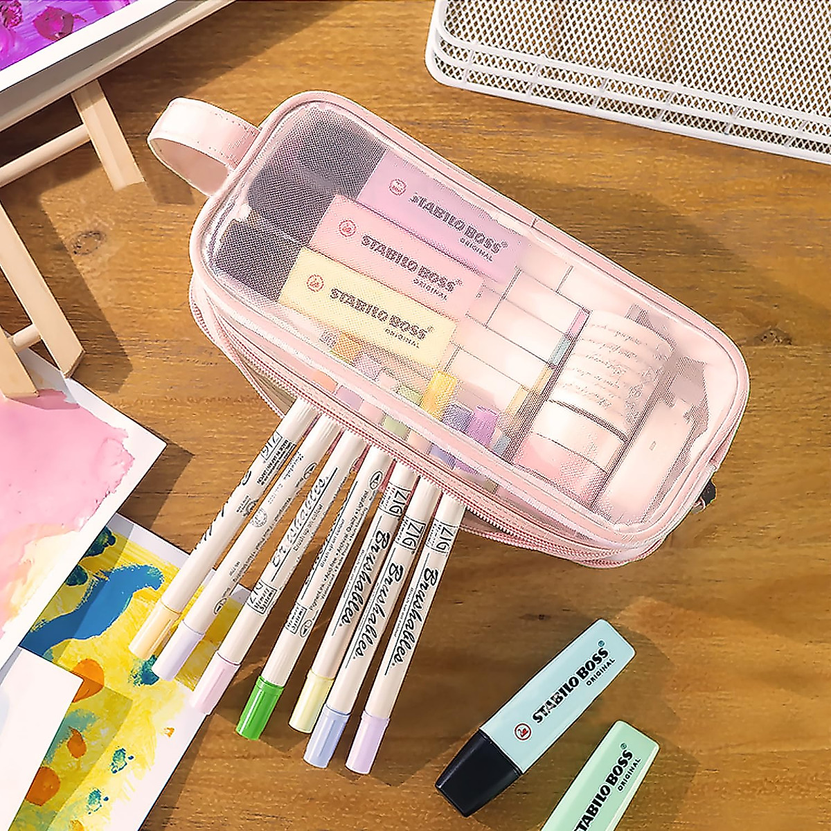 Large Grid Mesh Pencil Case 2 Compartments, Clear Pen Pencil Pouch with Zipper, Multifunction Transparent Stationery Bag for Student College Office Teen Boys Girls Makeup Bag for Adults Travel (Pink)