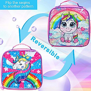 KLFVB 3PCS Toddler Backpack for Girls, 12” Cute Unicorn Preschool Bookbag and Lunch Box, Cute Kids Little Sequin Schoolbag
