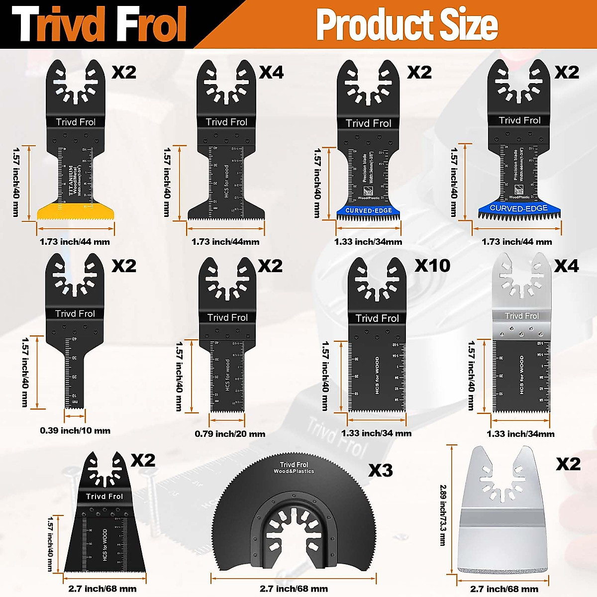 Trivd Frol 121 Pack Oscillating Saw Blades, Titanium Oscillating Tool Blades with Sandpaper, Multitool Blades for Wood Metal Plastics Cutting, Multi Tool Blades Kits Fit Bosch Dewalt Ryobi Milwaukee