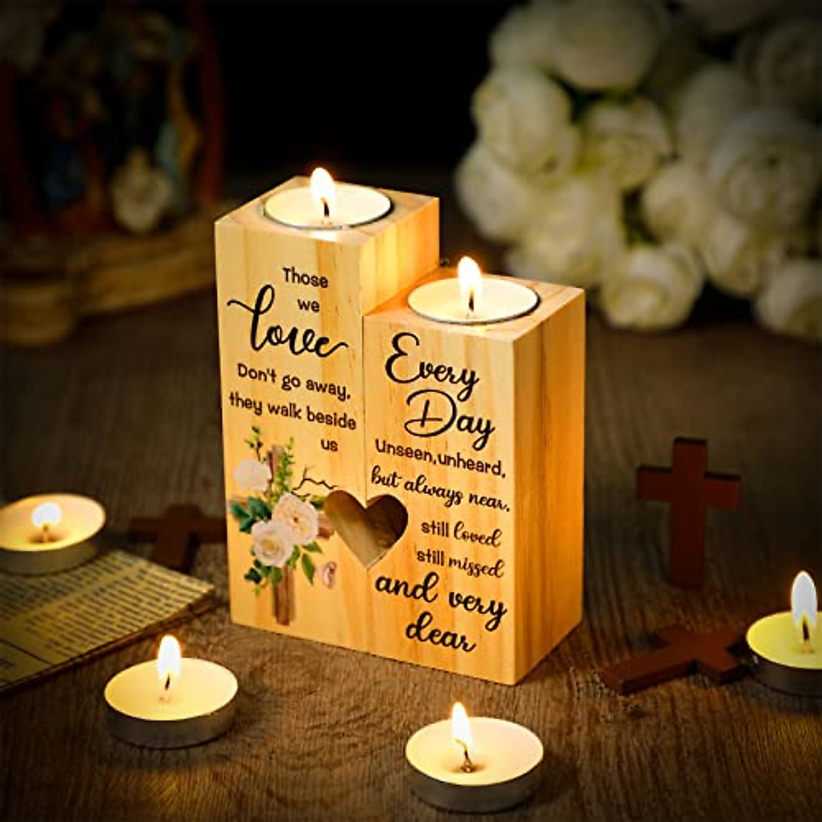 2 Pcs Memorial Gift Sympathy Candles for Loss of Loved Wooden Candle Holder with 10 Pcs Flameless Candles Birthday Mother's Day Remembrance Candlestick for Loss of Loved One (Flower Style)