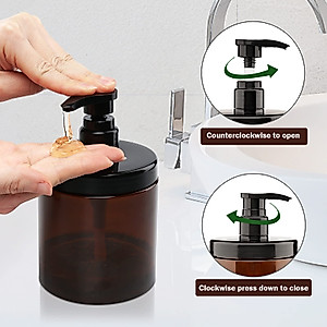 Hethyo Pump Bottle Dispenser 3 Pcs 600ml/20oz Refillable Plastic Pump Bottles Wide Mouth Jar Style BPA Free Empty Pump Bottles Bathroom Shower Containers for Lotion Shampoo Conditioner (Brown)