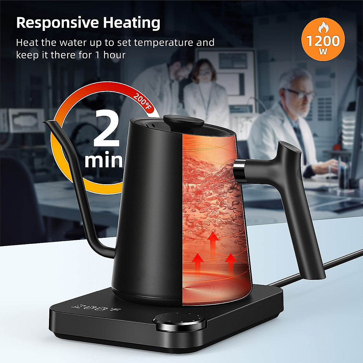 Miroc Gooseneck Electric Pour-Over Kettle, Temperature Variable Kettle for Coffee Tea Brewing, 0.9L Stainless Steel Kettle, Temperature Holding, Built-in Stopwatch