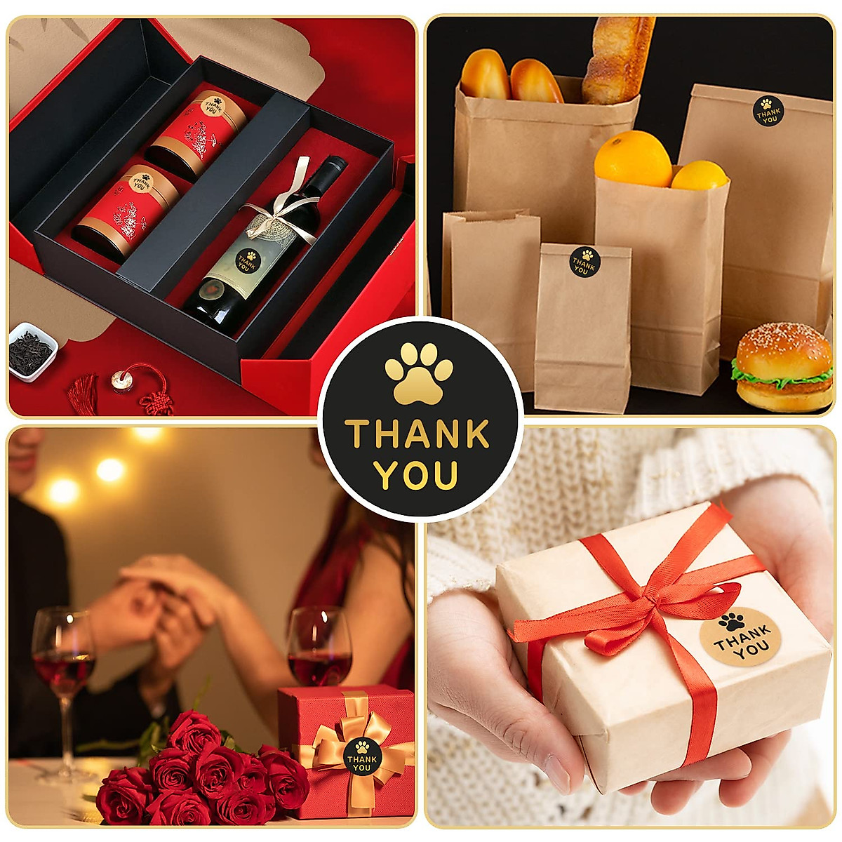 BENBO 2000 PCS Dog Paw Print Thank You Stickers, 1 Inch Kraft Pet Paw Stickers Gold Foil Puppy Paw Envelope Seals Labels Stickers for Small Business, Pet Events, Kennels, Greeting Cards, 4 Rolls