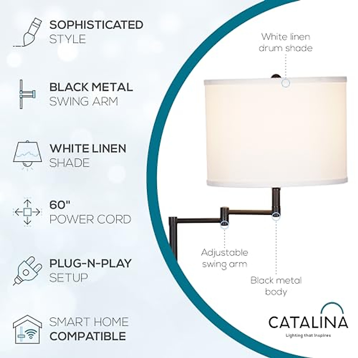 Catalina Lighting 24288-000 Traditional Swing Arm Floor Lamp for Office, Living Room, Dorm or Bedroom, Smart Home Compatible, Bulb Not Included, 60", Black