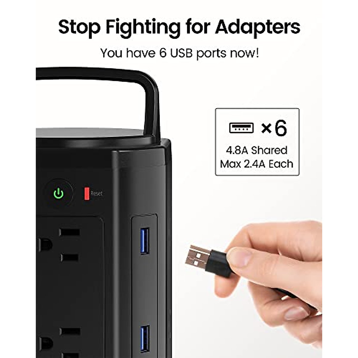 Power Strip Surge Protector Tower 2100J, SUPERDANNY Extension Cord with Multiple Outlets, 12 AC 6 USB Charging Station, Handle Cord Retracting, 6.5ft Overload Protection for Garage, Workbench, Black