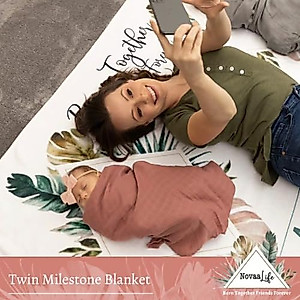 NovaaLife Twins Monthly Milestone Blanket with Boho Beads Frame & Proud Mom's Sticker - Unisex Twins Babies Essentials - 40 x 60 Large Flannel Blanket, Photography Backdrop Photo Prop for Boy & Girl