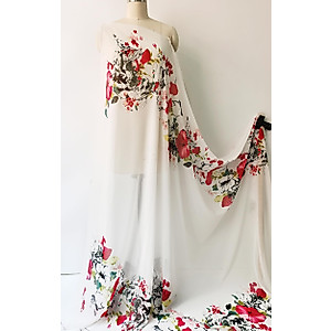 58 Inches White Flower Positional Print Chiffon Fabric Wedding Decoration Fashion Fabric Material Digital Print 75D Chiffon Evening Dress Sewing Material