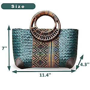 QTKJ Beach Bag for Women, Handmade Rattan Tote Bag, Round Bamboo Handle, Boho Retro pattern Straw Woven Handbag, Large Summer Beach Vacation Bag (Blue)