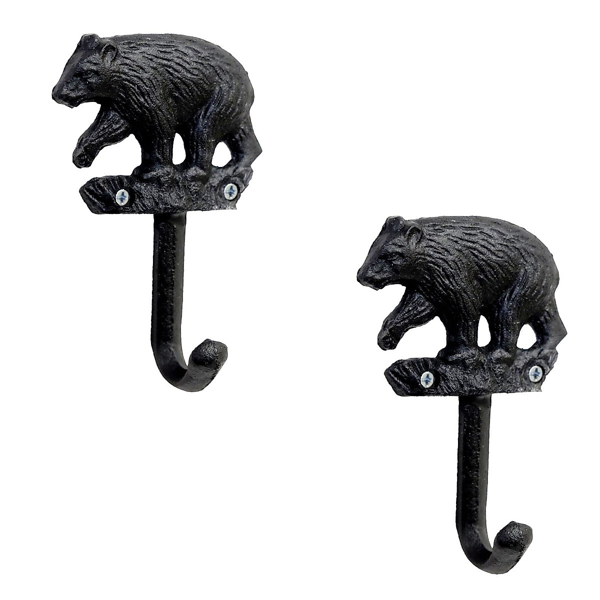 BestGiftEver Decorative Wall Coat Hooks Set of 2 with Black Bear in The Forest Accent - Rustic Cast Iron Animal Wall Mounted Hooks for Cabin Lodge - Ideal for Wildlife and Woodland Theme Enthusiasts