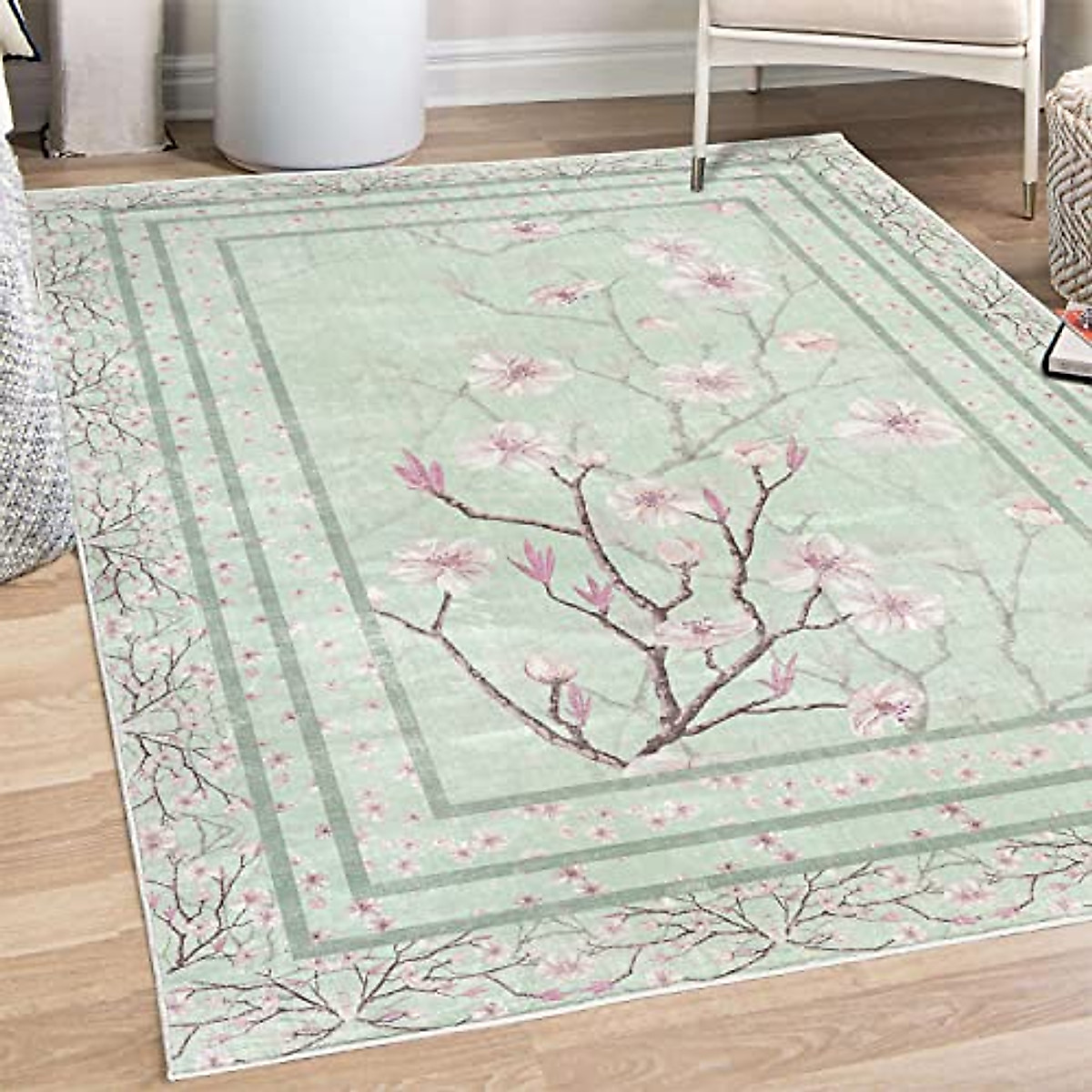 Ambesonne Apple Blossom Decorative Rug, Flowers and Blooming Spring Season Branches Nature Garden Romance, Quality Carpet for Bedroom Dorm and Living Room, 5' 1" X 7' 5", Mint Green and Pink