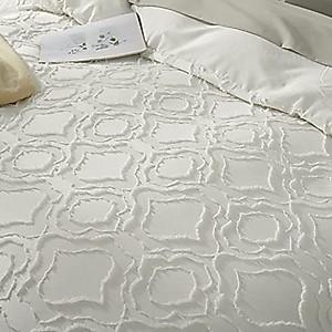 BEDAZZLED Duvet Cover Queen Size, 3 Pieces Tufted Comforter Cover Set, Soft and Embroidery Shabby Chic Boho Bedding Sets for All Seasons, White