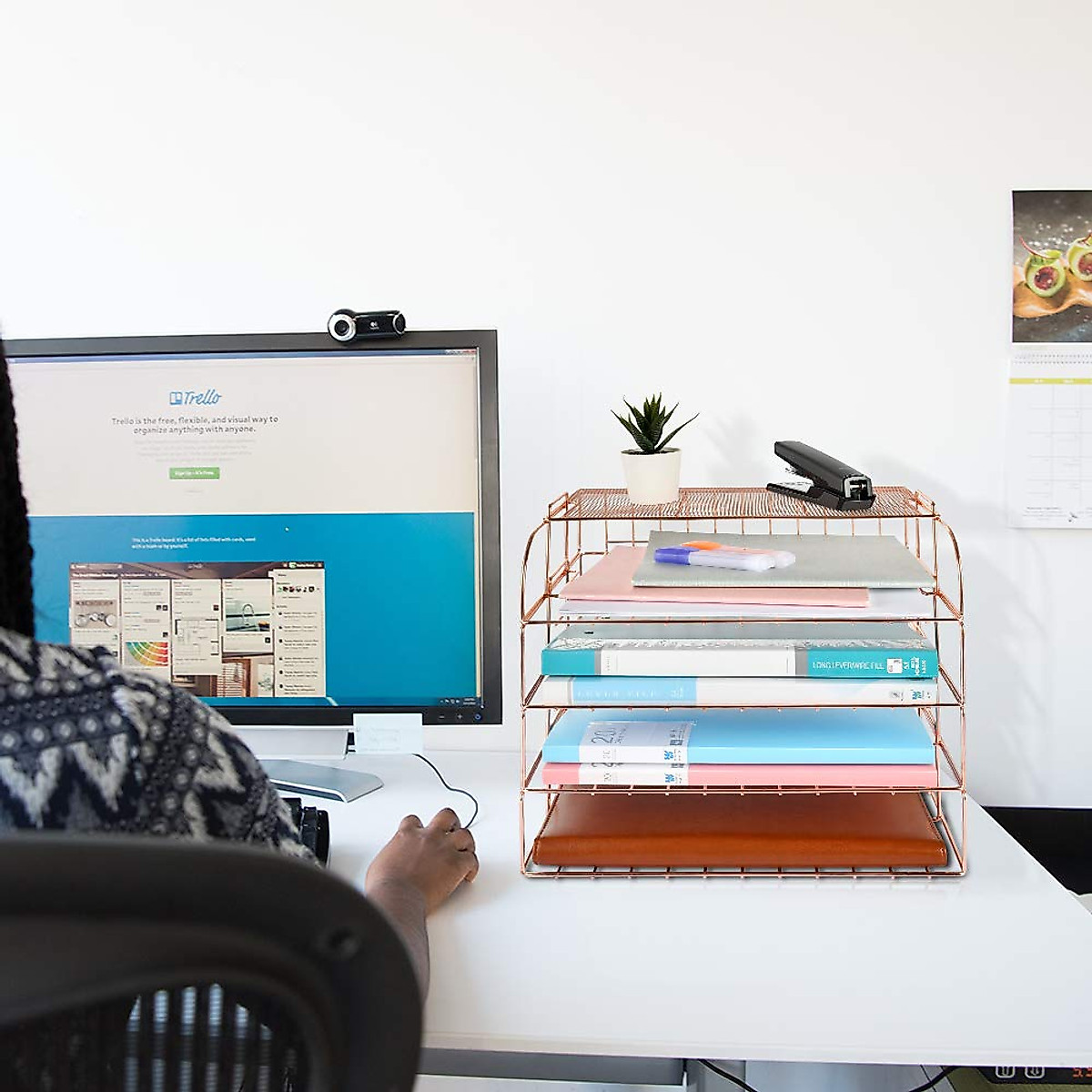 Spacrea Letter Tray, 4 Tier Rose Gold Desk Organizers and Accessories for Women, Stackable Paper Tray Organizer Desk File Organizer with 1 Upper Display Shelf (Rose Gold)