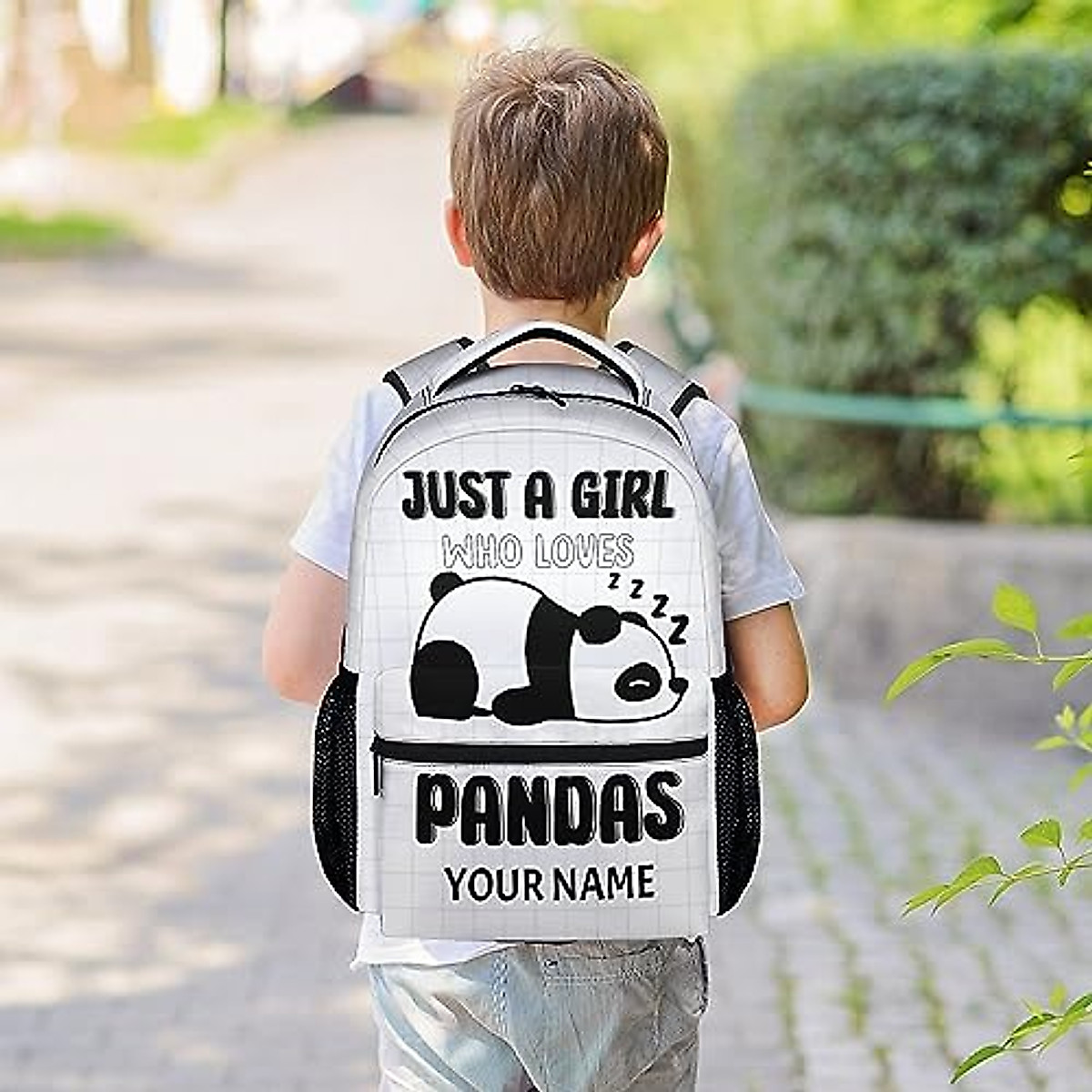 FUZZYFIT Personalized Panda Backpacks for Girls, 16 Inch Cute Print Backpack for School, White Lightweight Bookbag for Travel