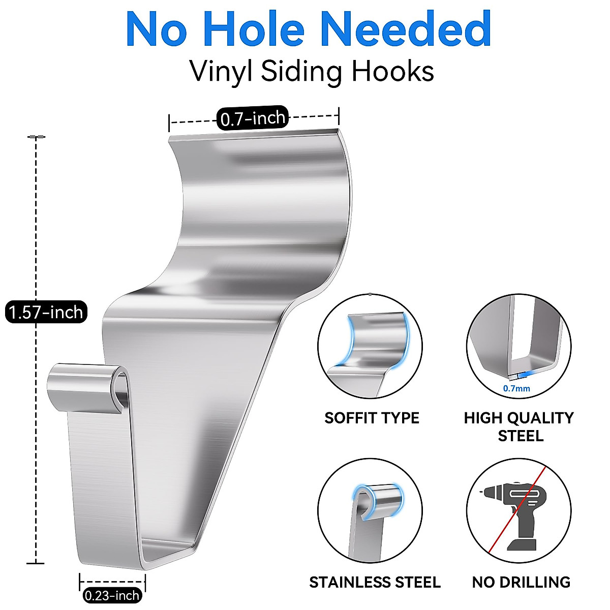 Amuille 20 Pack Vinyl Siding Hooks, No Hole Siding Hanging Hangers, Heavy-Duty Stainless Steel Vinyl Siding Hanger, Reusable Siding Clips for Hanging Holiday Decorations, Plaques, String Light