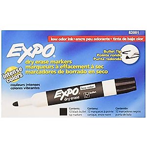 EXPO Low Odor Bullet Black Dry Erase Markers For Use On Whiteboards, Glass and Non-porous Surfaces; Ideal for Classrooms, Offices and Homes, Pack of 12 (82001)