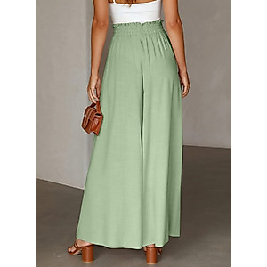 Dokotoo Yoga Pants Stretch Drawstring Tie Elastic Waist Wide Leg Linen Pants for Women Dressy Solid Fall Lightweight Oversize Soft Womens Pants with Side Pockets Light Green XL