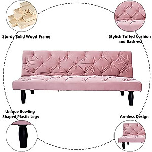 66"Modern Velvet Futon Sofa Bed,Convertible Folding Sleeper Sofa with 3 Angles Adjustable Back,Wood Legs,Small Couch Bed Recliner for Small Space,Living Room Bedroom Apartment Dorms Office (Pink)