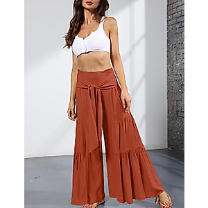 Xiaoxuemeng Women's Tiered Palazzo Pants Flowy Elastic High Waisted Wide Leg Beach Pants (Rust-XL)