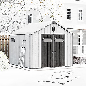 Jolydale 10'x8' Resin Outdoor Storage Shed - Secure Bike, Tool, & Garbage Can Storage with Lockable Door for Backyard, Lawn, & Patio Use