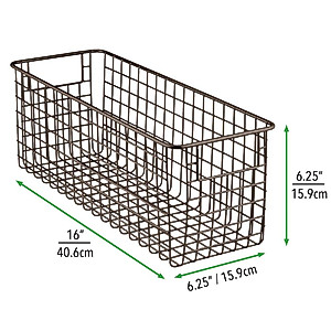 mDesign Household Metal Wire Narow Storage Organizer Bin Basket Holder with Handles - for Closets, Entryways, Mudrooms, Kitchen Pantry, Under Sink Cabinets, Bathrooms - 16" x 5" x 6" - 6 Pack - Bronze