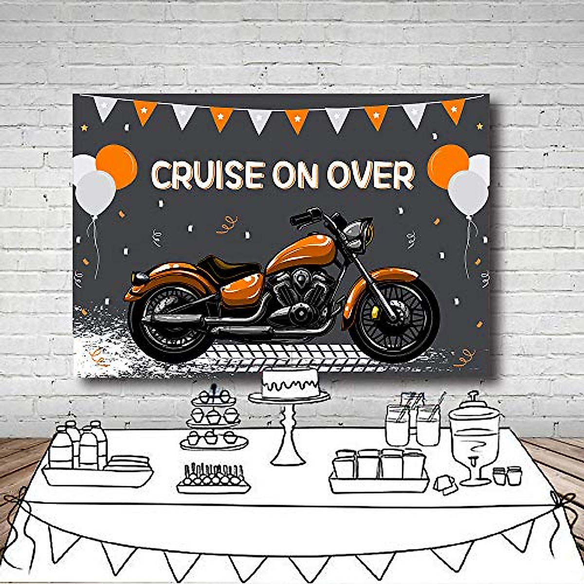 MEHOFOND Motorcycle Boy Birthday Party Backdrop Props Boy Happy 1st Birthday Cruise On Over Ride Photography Orange Silver Balloons Background Photo Banner for Cake Table Supplies 7x5ft