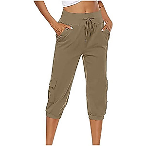Online Shopping for Women Capri Pants for Women Summer Casual Drawstring Lounge Linen Pants with Pockets Plus Size High Waist Straight Trousers Tracking On My Order Khaki M