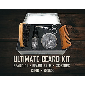 Viking Revolution Beard Care Kit for Men - Ultimate Beard Grooming Kit includes 100% Boar Men’s Beard Brush, Wooden Beard Comb, Beard Balm, Beard Oil, Beard & Mustache Scissors in a Metal Box
