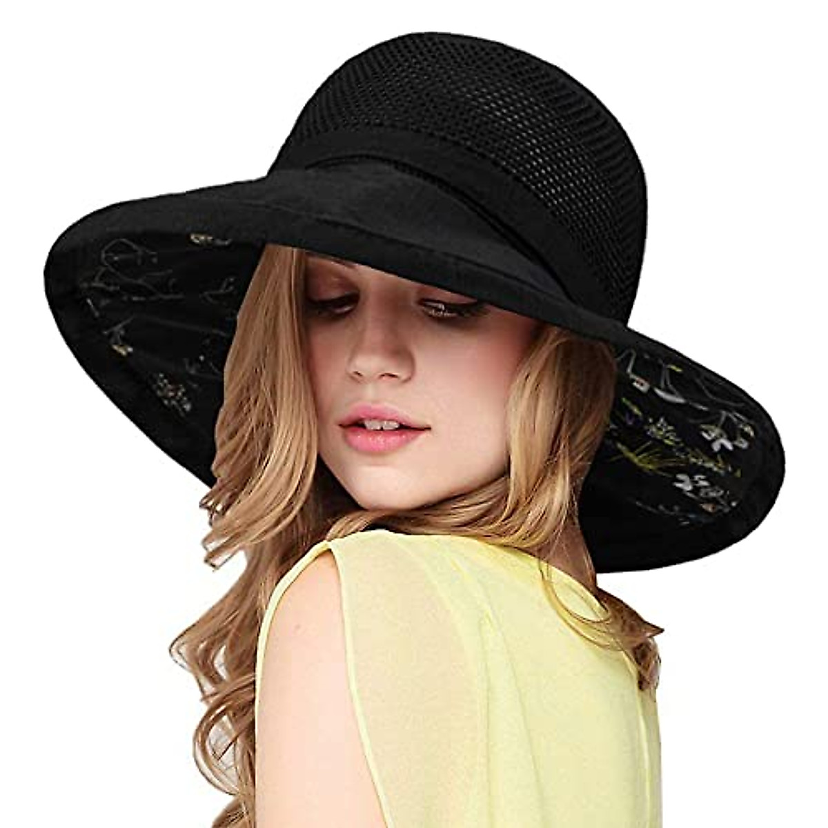 Mesh-Breathable Sun-Hat for Women,Floral Wide-Brim Beach Bucket Hat with Detachable Chin Strap Girls Teens Fishing Hat (as1, Alpha, l, Black with Flower Printed, Large)