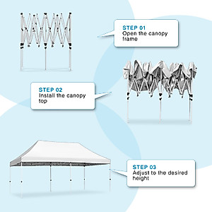 CAJECUS 10' x 20' Pop Up Canopy, Durable Easy Beach Canopy Tent, Waterproof Outdoor Canopy with 3 Adjustable Height, Roller Bag, 6 Sand Bags, 4 Ropes & 8 Stakes, White