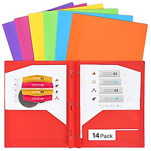 EOOUT 14 Pack Plastic File Folders, Heavy Duty Folders with Pockets, 4 Pocket Folders with 3 Prongs, for Office and School, Letter Size, 7 Assorted Colors
