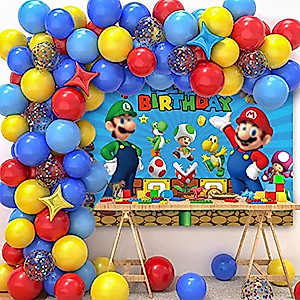 Super Brother Cartoon Backdrop Background Gold Coin Video Game Mushroom Blue Happy Birthday Backdrop for Kids Baby Shower Party Supplies Cake Table Banner Photo Booth Studio Props 7x5FT