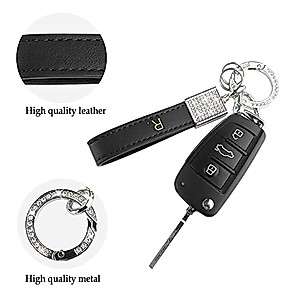 Leather Keychain Bling Keychain for Women Anti-Lost D-Ring Car Keychain Fashion Rhinestone Purse Charms for Handbags (Black)
