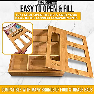 Elite Kitchen Premium High Quality 100% Real Bamboo Sandwich Bag Storage Organizer, Compatible With Gallon , Quart , Snack , & Sandwich Food Storage Bags, Holds Over 230 Plastic Baggies (EK0002)