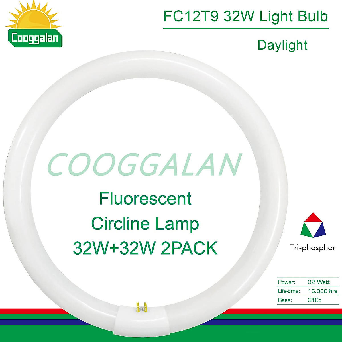 COOGGALAN FC12T9/DX 32W 12 inch T9 Circular Light Bulb Daylight, Round Fluorescent Circline Bulbs FC12 T9 32 Watts Kitchen and Bath, G10q 4 Pin Prong, 6500K, 2 Pack