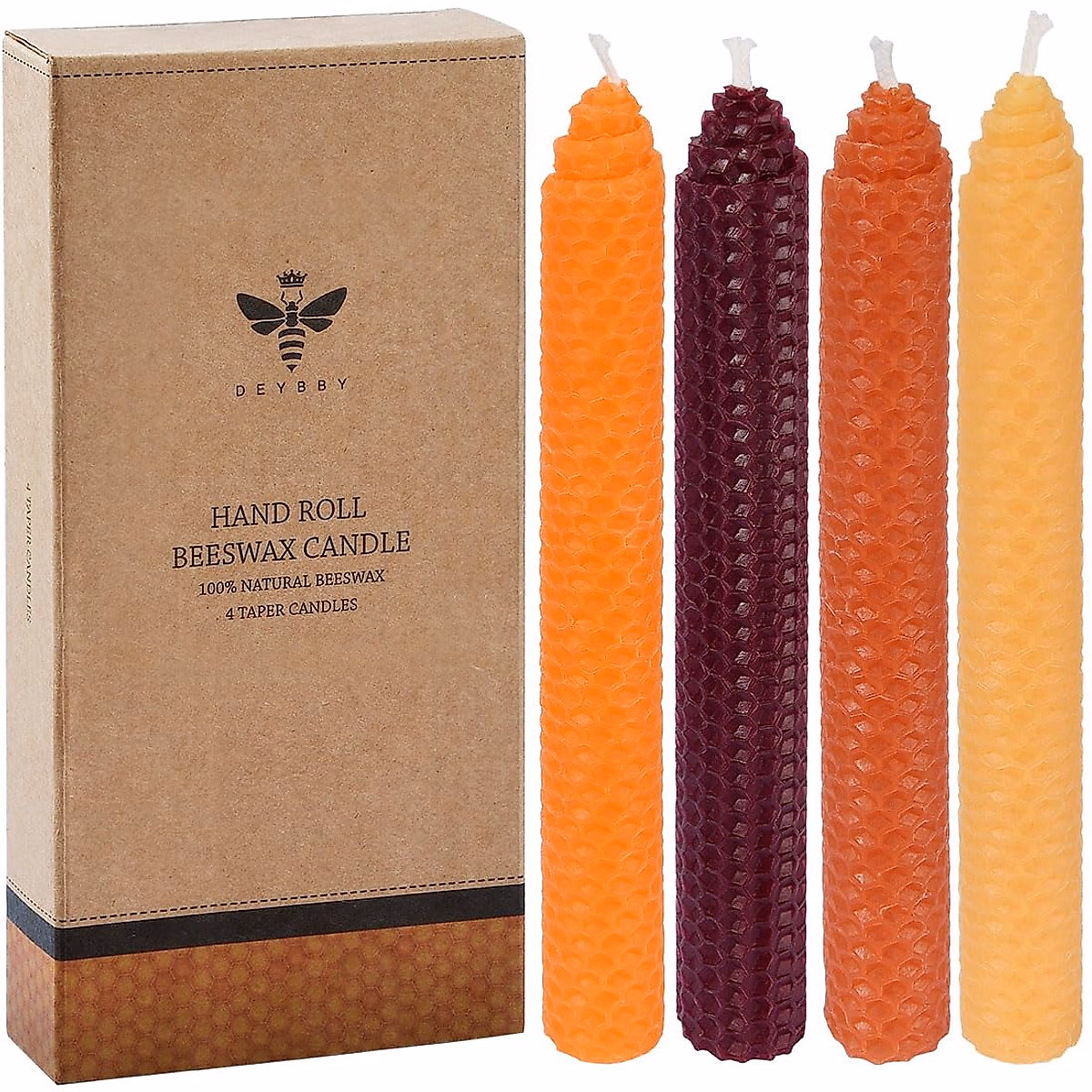 DEYBBY 8" Hand-Rolled Beeswax Taper Candles 4 Pack Cone Top,Pure Natural Honeycomb Bee Wax Candle,4Hour Burn Time(Yellow Orange Brown Fall)