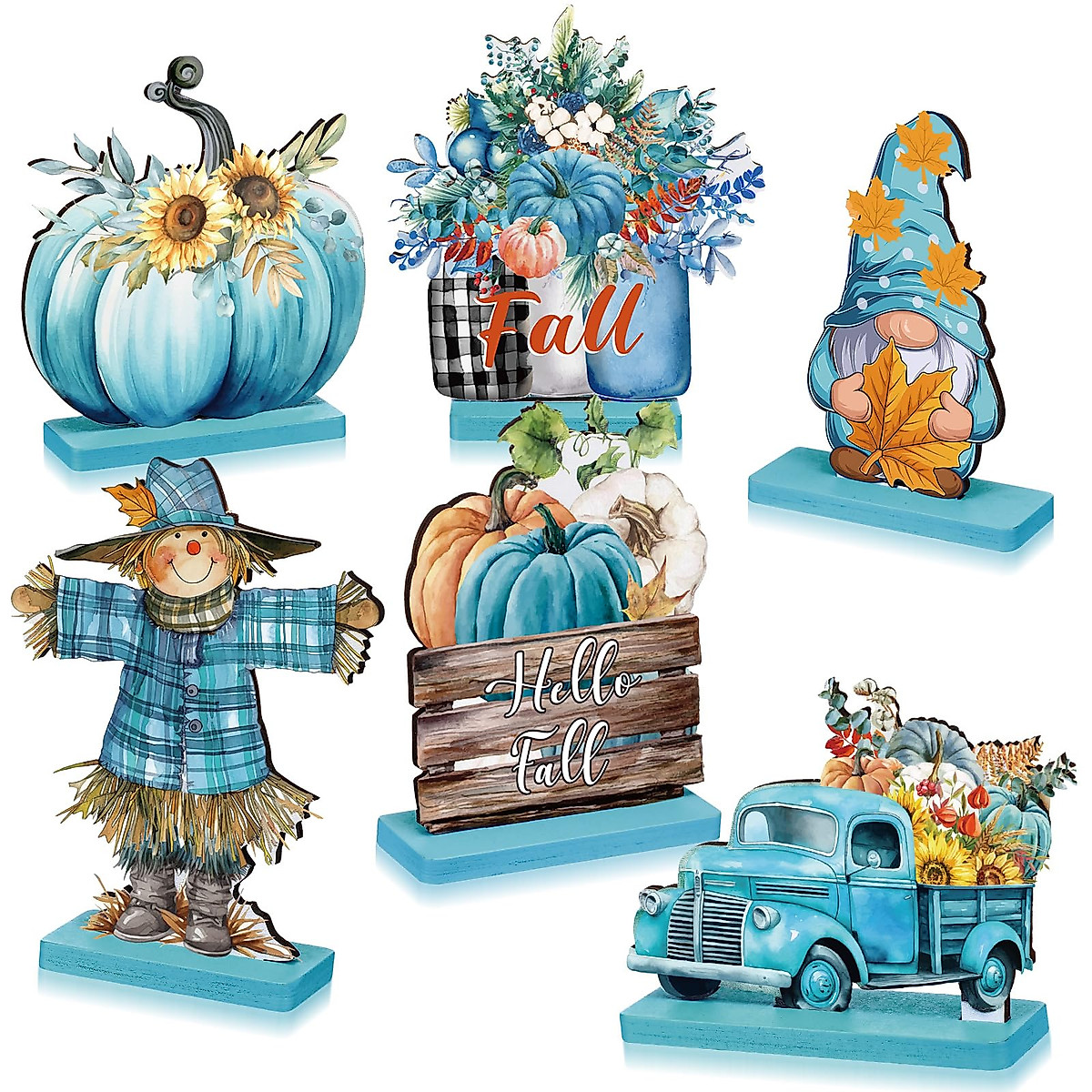 6 Pcs Thanksgiving Wooden Tabletop Decor Hello Fall Pumpkin Gnome Scarecrow Truck Wooden Table Signs Fall Table Decorations Centerpieces for Autumn Harvest Party Supplies(Classic,Blue)