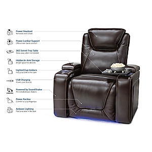 Seatcraft Equinox - Home Theater Seating - Living Room - Top Grain Leather - Power Recline - Powered Headrest and Lumbar Support - Arm Storage - USB Charging - Cup Holders - Single Recliner, Brown