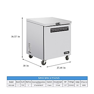 KITMA Commercial Undercounter Refrigerators WorkTop Refrigerator with Single Solid Door - 7.15 Cu.Ft