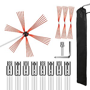 CLLVGOKD Chimney Sweep Kit 26FT Chrome Button Locking System Chimney Cleaning kit with 8 Reinforced Nylon Flexible Rods Snap Locking 45 Degree Angle Driven by Drill for Fireplace Flue Home Use