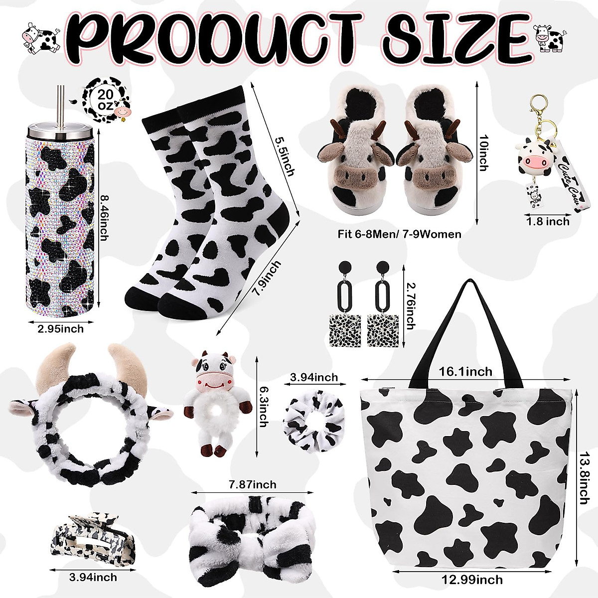 FillTouch 11 Pcs Cow Print Gifts Sets for Women Includes Tumbler Slippers Socks Earrings Hair Scrunchies Headbands Tote Bag Cow Print Stuff for Graduation Birthday Mother Nurses Farm Animal Lover