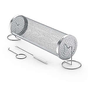 BLOOPIC BBQ Grilling Basket Grilling Accessories Camping Essentials Stainless Steel Wire Mesh Cylinder Outdoor Camping Picnic Round Rack Cookware Tool Cooking Large 1PCS (12.24 X 3.78 X 3.74 inch)
