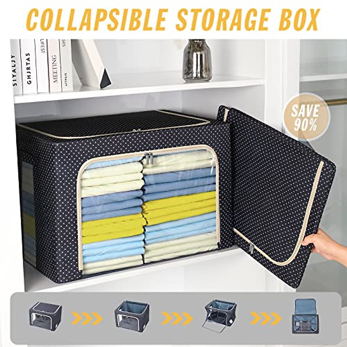 3 Pack Clothes Storage Organizer Bins - Foldable Metal Frame Storage Bins Stackable Oxford Cloth Fabric Container Organizer Set with Carrying Handles and Clear Window (Medium-36L, Navy Blue)