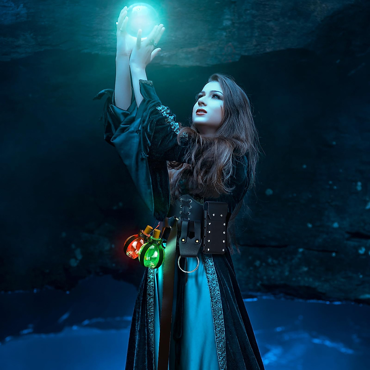 Ramede Halloween Cosplay Accessories Leather Ring Belt Witch Wizard Waist Corset Cork Potion Bottle Medieval Pouch(Brown)