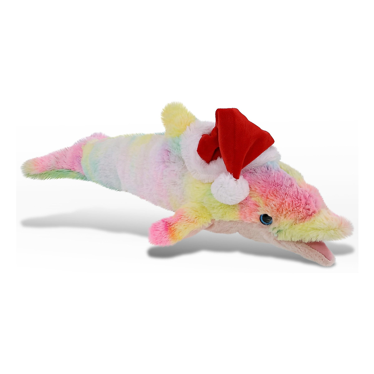 DolliBu Santa Large Rainbow Dolphin Stuffed Animal Plush Toy - Wild Animal Dress Up with Red Santa Claus Hat, Cute Wildlife Gift, Perfect Holiday with Name Personalization - 18 Inches