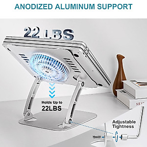 SHUWEI 360° Rotating Laptop Cooling Stand with 3 Speed Fan, Adjustable Height Laptop Stand for Desk, Ergonimic Aluminum Laptop Cooling Pad for 10-15'' Notebook - Silver