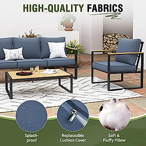 HLNPTN 4 Pieces Outdoor Patio Furniture Set, Modern Outdoor Furniture Sectional Sofa 5 Seat Deep Seating Group, Metal Patio Conversation Sets with Table, Thick & Washable Cushions, Blue