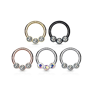 Pierced Owl 16G Stainless Steel Triple Crystal Helix Cartilage Daith Septum Hinged Segment Ring (Silver Tone/Aurora Borealis)