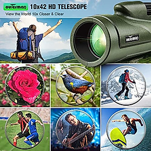 Outerman 10x42 HD Monocular Telescope with Smartphone Holder, Full Glass Optical Lens with FMC BAK4 Spotting Scope Monoculars for Adults Kids, Perfect for Bird Watching Hunting Hiking Travelling