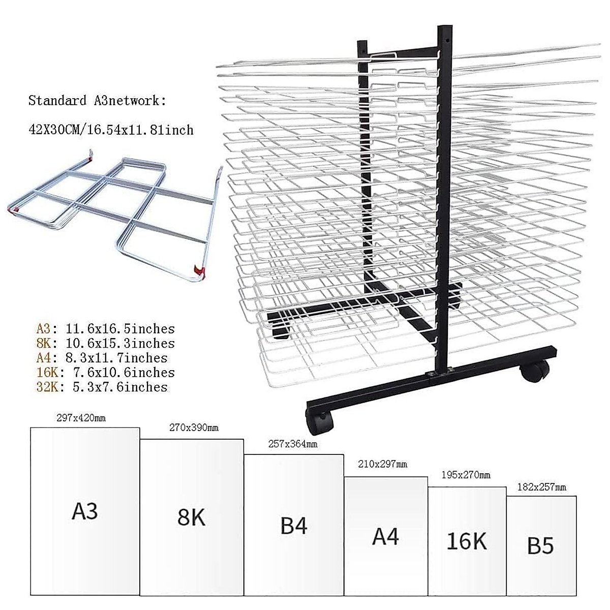 Art Drying Rack for Classroom, Mobile Paint Drying Rack Double-Sided 40 Shelves Metal Artwork Storage Display Rack Canvas Stack Rack with Wheels for Schools, Art Studios