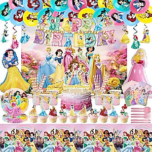 BOSMAT Princess Birthday Decorations, Princess Party Supplies Includes Balloons, Happy Birthday Banner, Cake＆Cupcake Topper, Plates, Napkins, Cup, Tablecloth , Foil Balloon and Backdrop